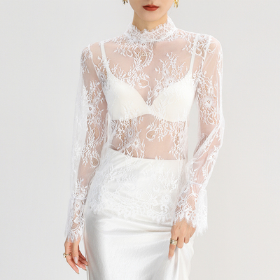 半高领白色蕾丝网纱打底衫内搭