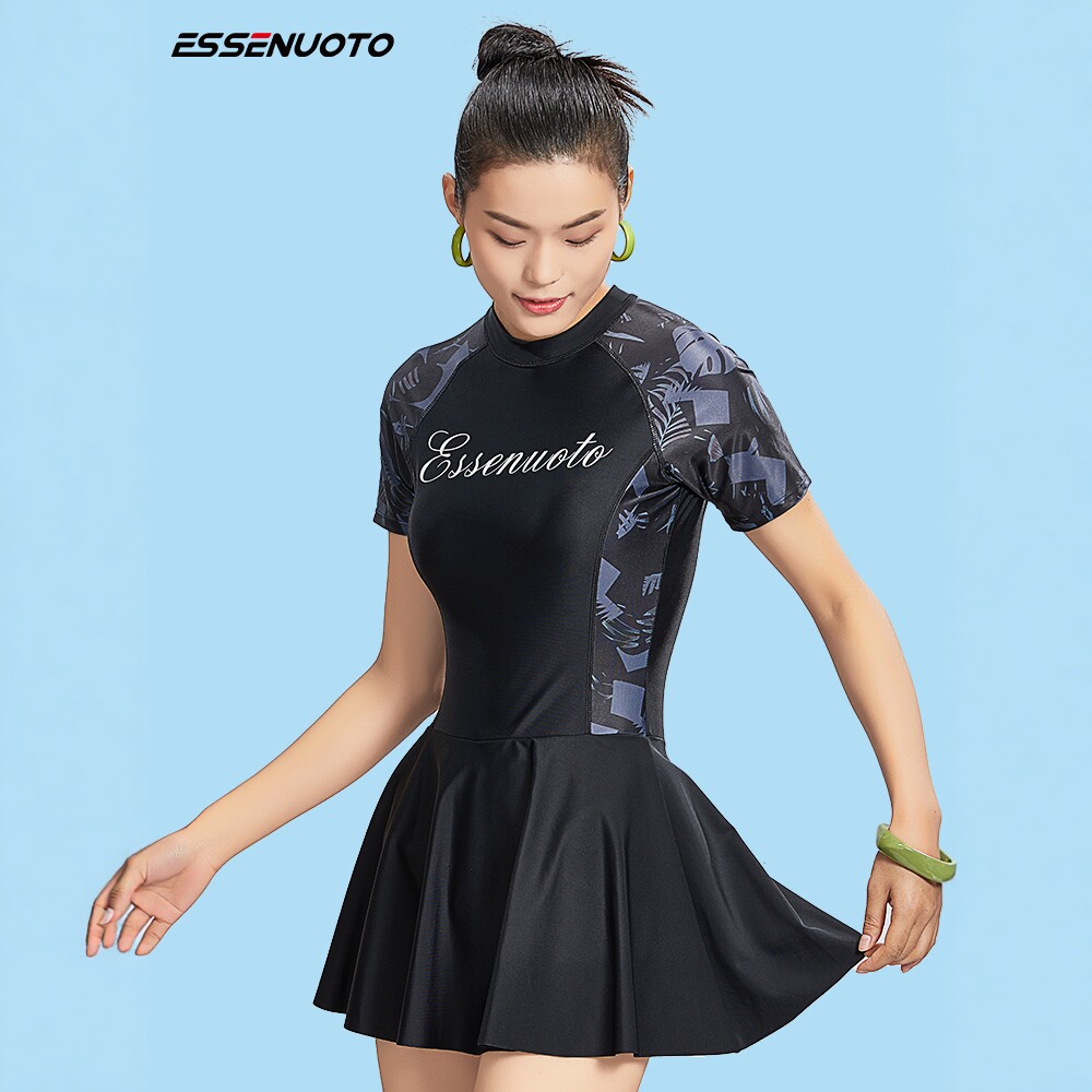 essenuoto连体泳衣胖mm大码泳装显瘦泳裙遮肚微胖女孩短袖游泳衣