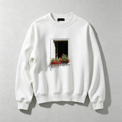 授权现货 Aura Threads 窗台红花写实风景印花白色宽松圆领卫衣男