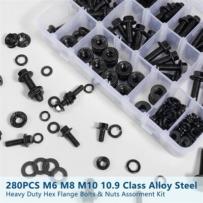 280PCS黑色高强度法兰外六角螺栓螺丝套装螺母螺栓组合套装