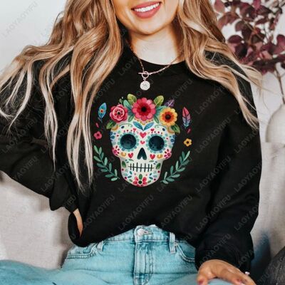 Dia De Los Muertos Sweatshirt Floral Skull Flower Pattern Fa