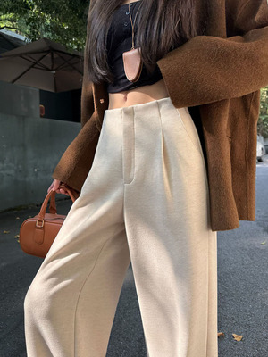 白色加绒加厚西装阔腿裤女秋冬款季羊毛糯米裤高腰垂感休闲直筒裤