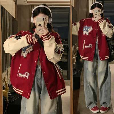 加棉加厚新年红色棒球服外套女