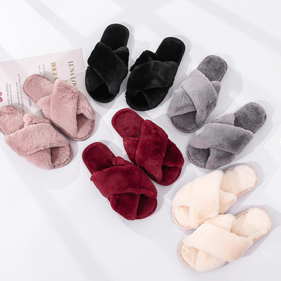 on Flats Female Slides Black Pink cozy home  furry slippers