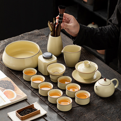 黄色汝窑功夫茶具盖碗茶壶套装
