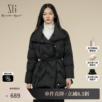 XG/雪歌XK406028A790黑色白鸭绒羽绒服2025冬季新款中长款外套女