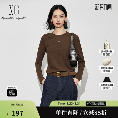 XG/雪歌XL401622A809咖色圆领套头T恤2025冬季新款修身长袖上衣女