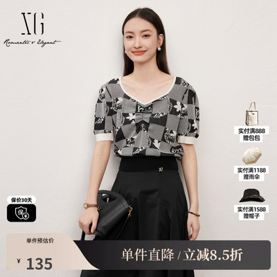 XG雪歌XJ211022B697复古黑色毛针织衫棉感夏季新款抽褶短袖上衣女