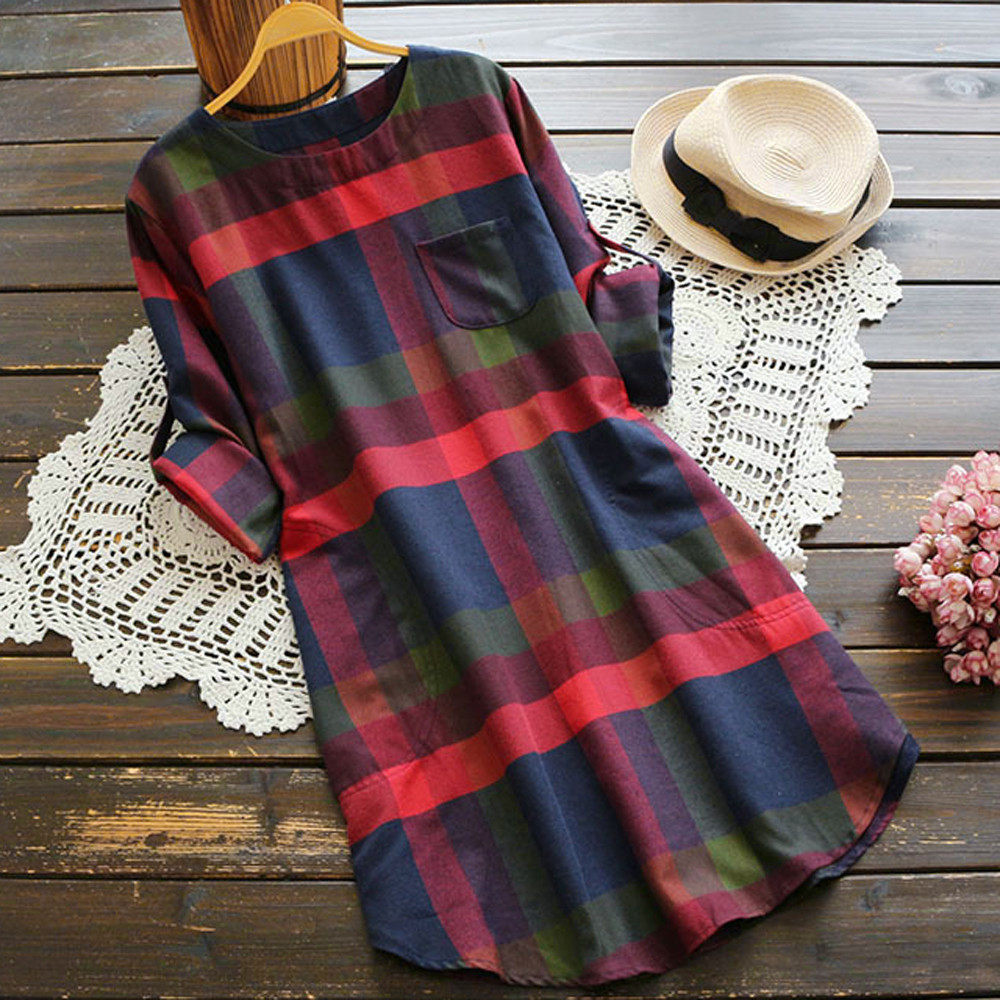 Long sleeve loose check shirt dress   长袖宽松格子衬衫连衣裙