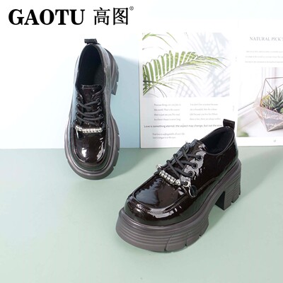 高图时尚粗跟系带绒里复古乐福鞋