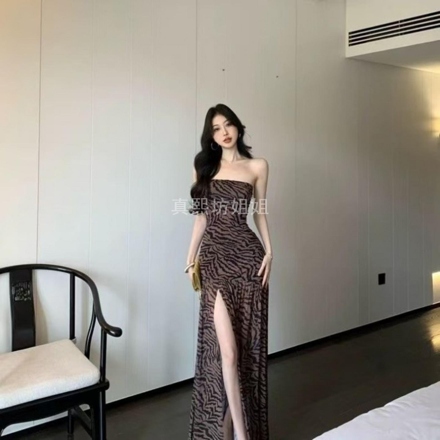 欧美性感辣妹时尚小众抹胸豹纹夏季印花拼接开叉收腰紧身包臂裙