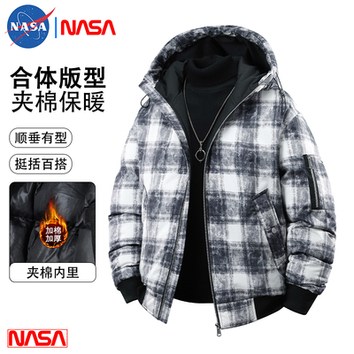 美式复古格子棉衣服冬季新款男士加厚保暖连帽外套宽松百搭面包服