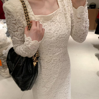 新韩系优雅精致女人味修身内搭百搭蕾丝绒连衣裙