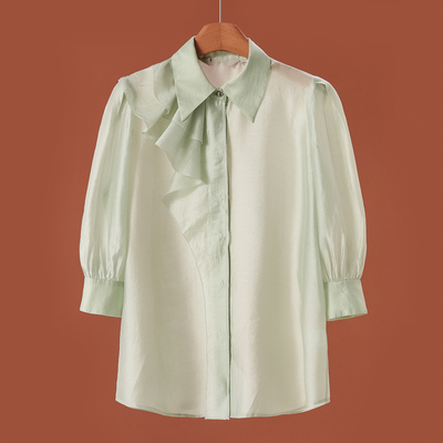 专柜568 84%莱赛尔【QS】 翻领单排扣荷叶边天丝衬衫321~秋季