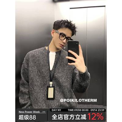 PLTH*冬季复古保暖V领纯色慵懒针织衫男休闲套头外套秋季情侣毛衣