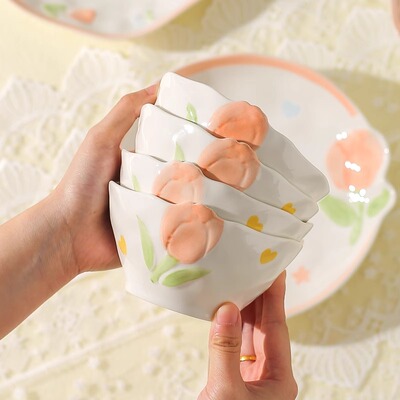 郁见花开陶瓷饭碗汤碗釉下彩餐具
