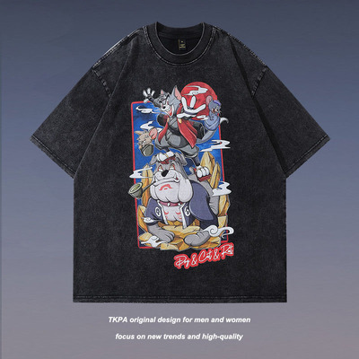 XFM美式街头复古卡通印花做旧短袖T恤男女生纯棉重磅水洗圆领半袖