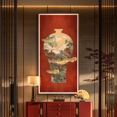 新中式山水平安花瓶玄关客厅挂画
