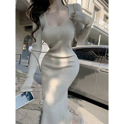 法式气质U领针织连衣裙女长裙子