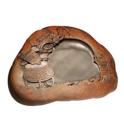 国家非遗 歙砚大师手工原创亲制《招财进宝》收藏送礼文房四宝高档次天然原石黑龙尾山金皮籽料大气摆件砚台