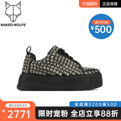 Naked Wolfe英国潮牌/SLIDE STUD铆钉水钻黑色低帮系带休闲鞋男