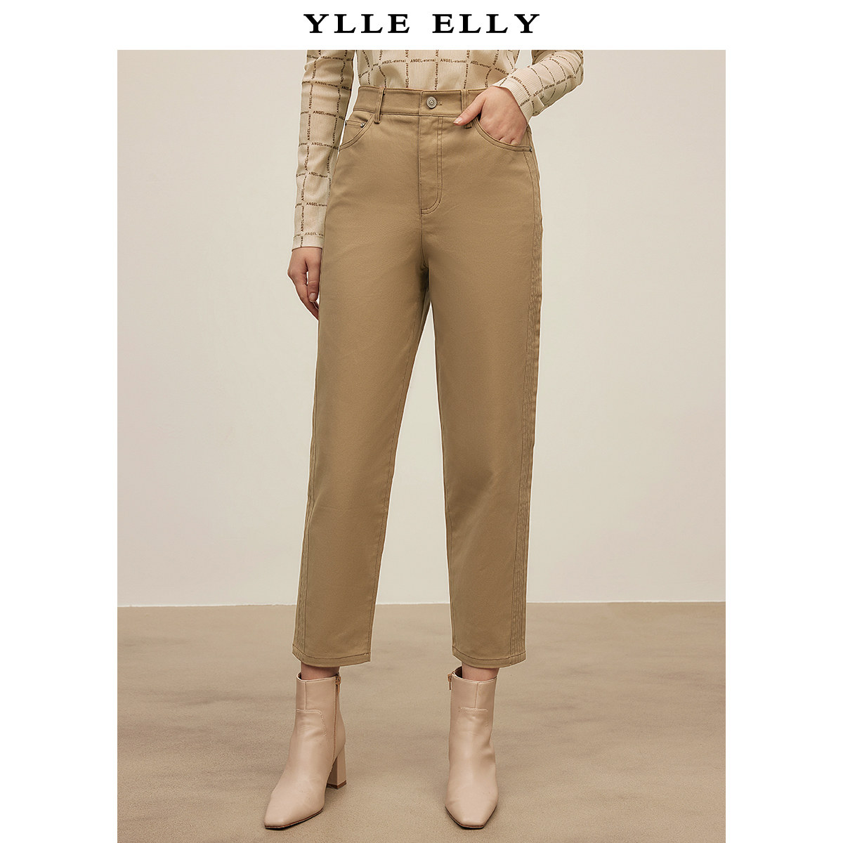 YLLE ELLY/衣衫妙影高腰直筒裤2025秋冬新款复古修身棉质休闲长裤_虎窝淘
