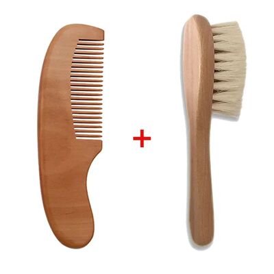 2pcs/ Set Newborn Hair Brush Comb Natural Wool Wooden Hairbr