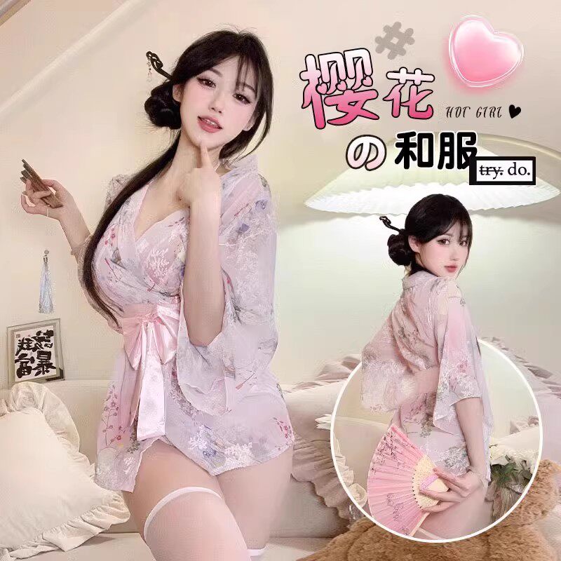 睡袍女2026新款性感透视开襟樱花和服cos角色扮演蝴蝶结系带浴袍