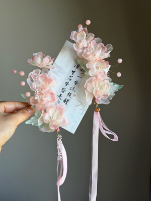 古风汉服粉色海棠烫花丝带发夹