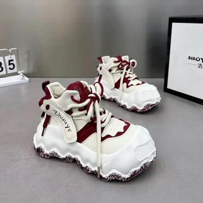 MK&DK拼色超增高老爹鞋女款秋冬新款显脚小加绒真皮小白鞋高帮鞋