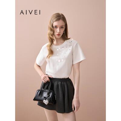 AIVEI欣贺艾薇2025早秋气质百搭新亮片正肩短袖白色T恤XRV4S19B