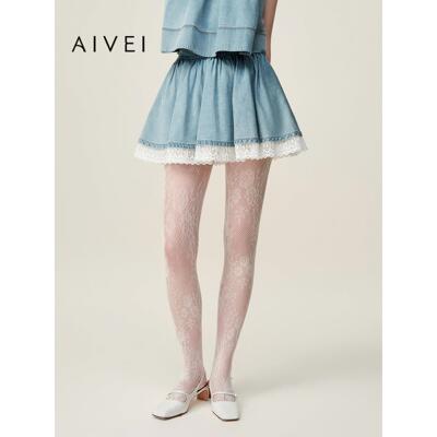 AIVEI欣贺艾薇2026夏季新chic小个子蕾丝拼接牛仔短裙XSV3Q19B