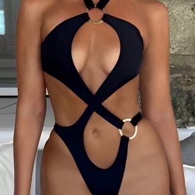 单肩缕空性感交叉连体泳装Crisscross Design One-Piece Swimsuit
