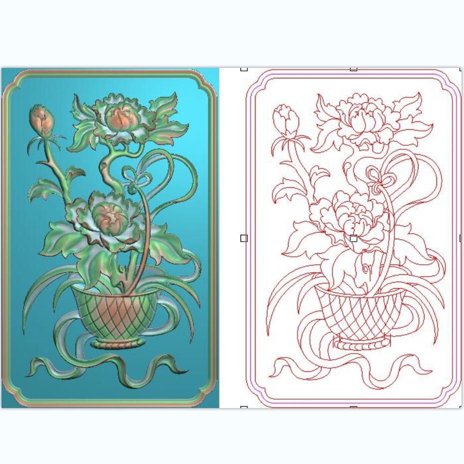 精雕图灰度图浮雕图精品牡丹花瓶花篮花草盆栽背板门板140x224