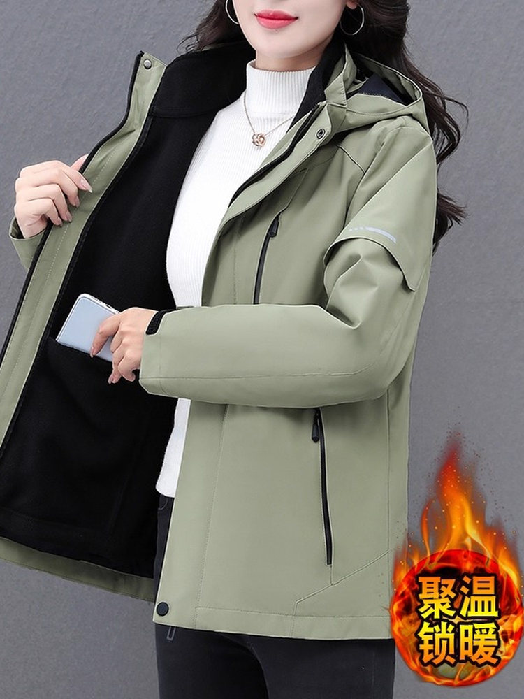 中年妈妈户外防风防水连帽冲锋衣女三合一外套可拆卸内胆风衣夹克