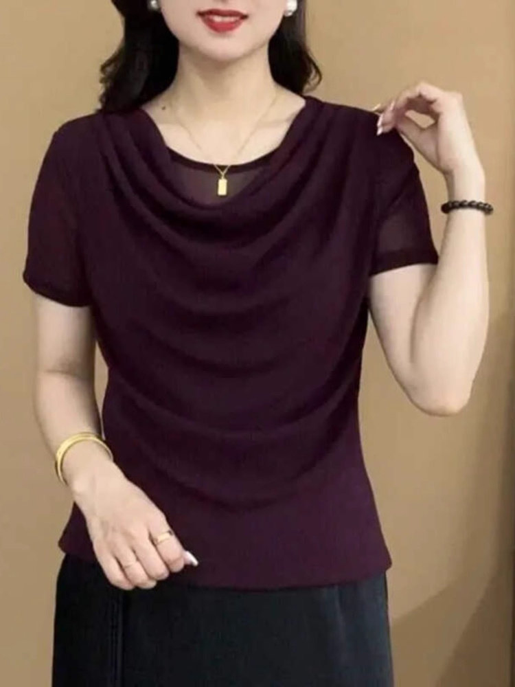 中年妈妈网纱堆堆领短袖女t恤夏季新款宽松大码气质显瘦洋气小衫