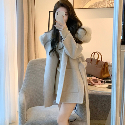 法式赫本风中长版毛呢外套女秋冬小个子连帽减龄双面羊绒夹棉大衣