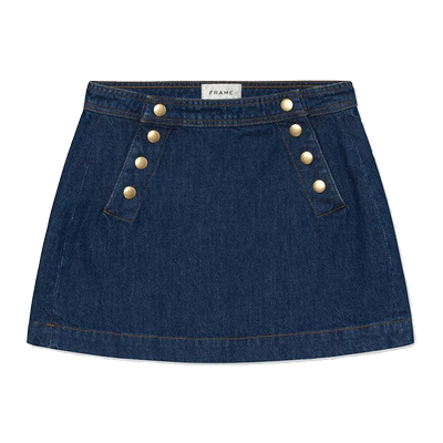【春夏款】FRAME女士金属纽扣牛仔短裙深蓝色A字裙裙子复古