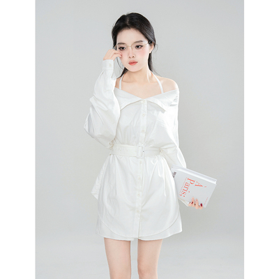 【月光手书】奢感挂脖露肩系带收腰衬衫+裙裤套装2025年新款时尚