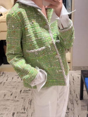 GULU高定【YB定制】25c新款连帽外套粗花呢编织假两件衬衣袖口