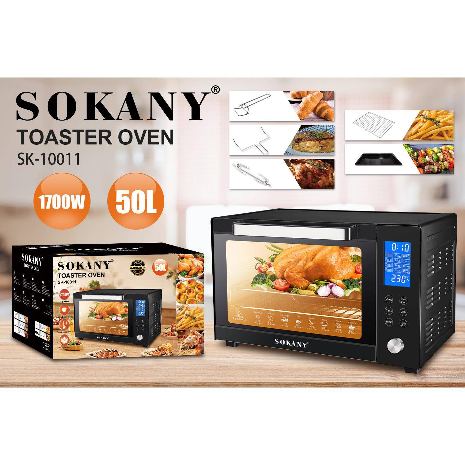 SOKANY10011烤箱跨境家用烤箱烤鸡烤肉多功能智能电烤箱50L大容量