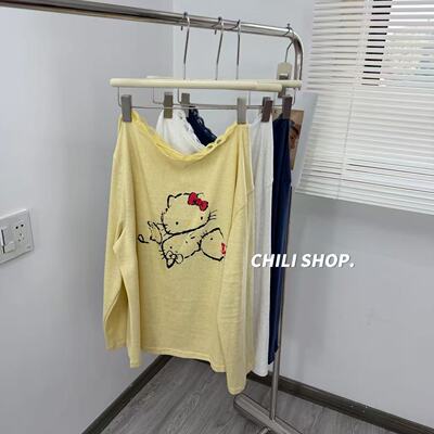 【英英Chili】蕾丝单边露肩韩系减龄KITTY猫卡通防晒长袖T 03.10