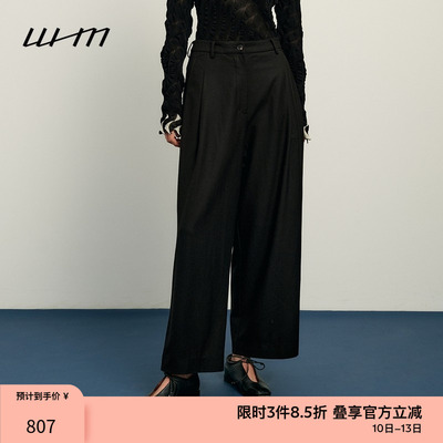 WHM珠地单裥褶黑色直腿休闲裤