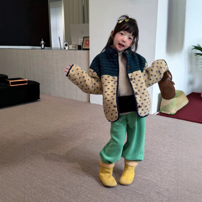 末小蒙童毛毛衣2026冬季女童韩版撞色拼接羊羔绒外套儿童加厚棉衣