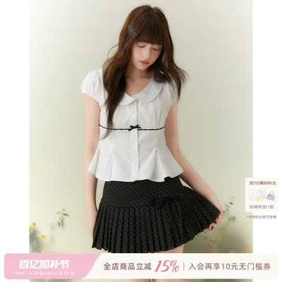 ECHOSTA白色娃娃领短袖衬衫修身显瘦波点百褶短裙半身裙a字两件套
