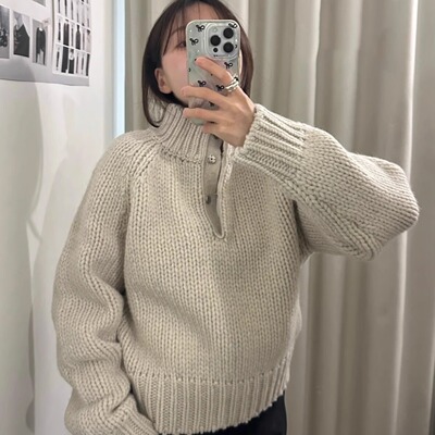 若若韩国正品代购amomento25秋冬高领手工粗针织毛衣加厚套头内搭