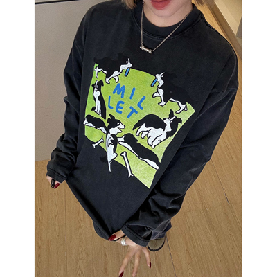 【边牧小狗】美式休闲设计感小领口宽松字母印花长袖T恤hiphop潮