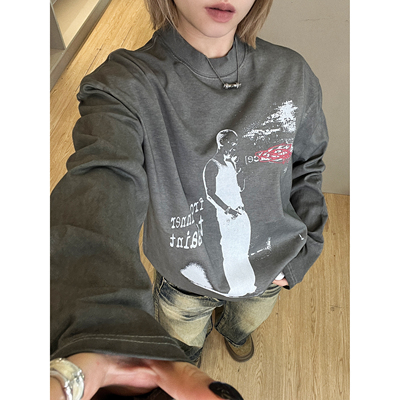 【特立独行】美式休闲设计感小领口宽松印花长袖T恤NO smoke潮牌