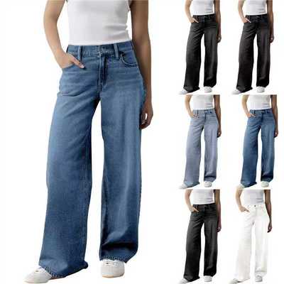 Washed straight leg high waisted wide leg jeans for women