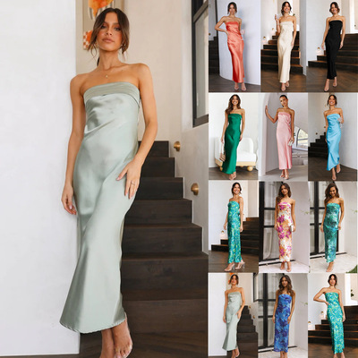 Hollow out backless strapless women's long dress抹胸连衣裙长